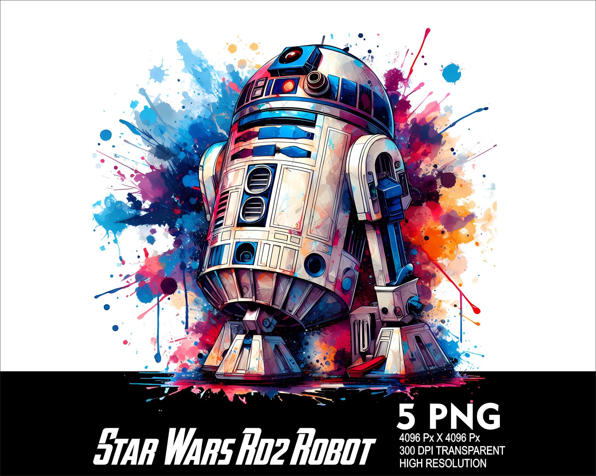 5 PNG Starwars RD2 Robot Splash and Watercolor Transparent Png File for ...