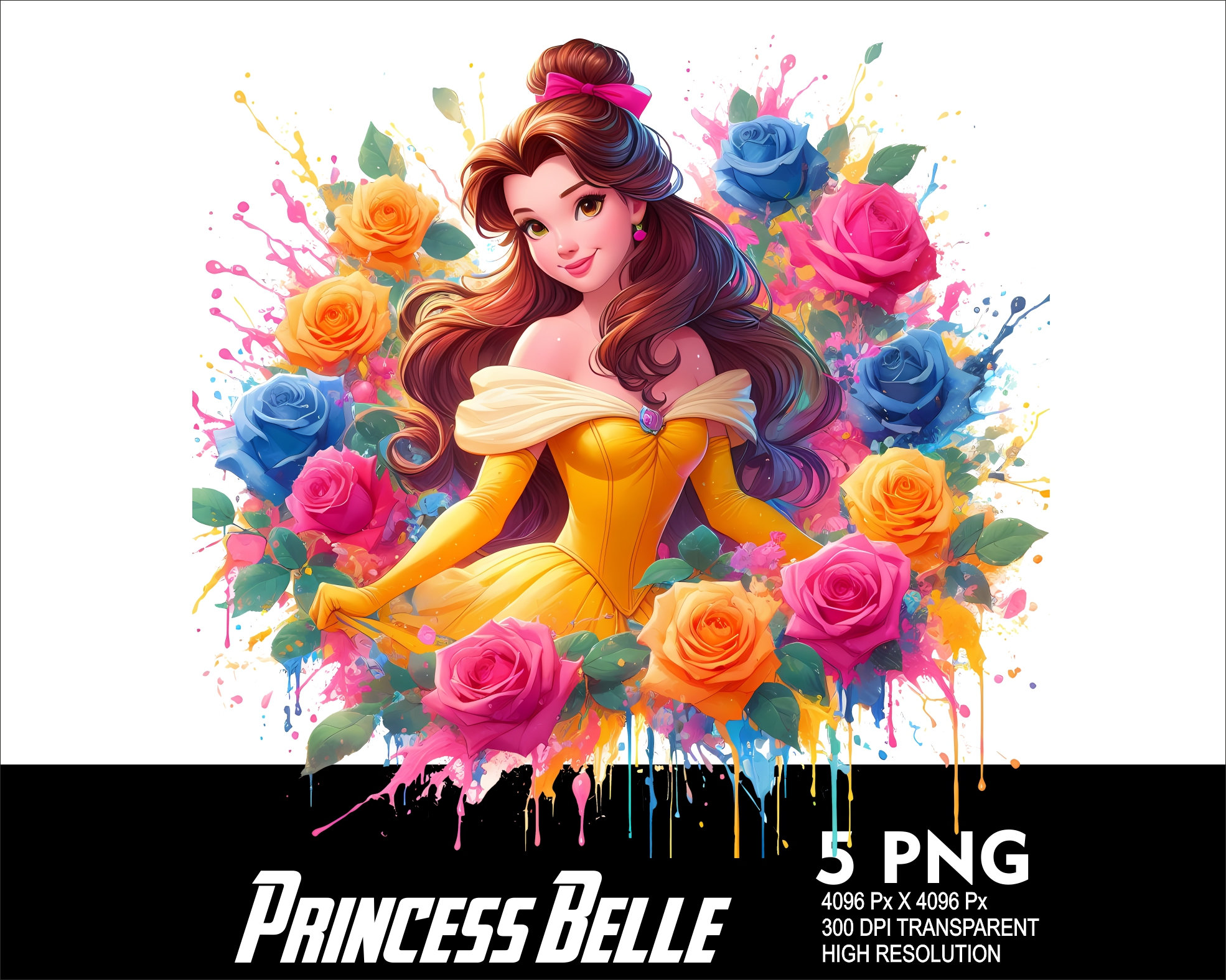 5 PNG Princess Belle Splash and Watercolor Transparent PNG File for ...