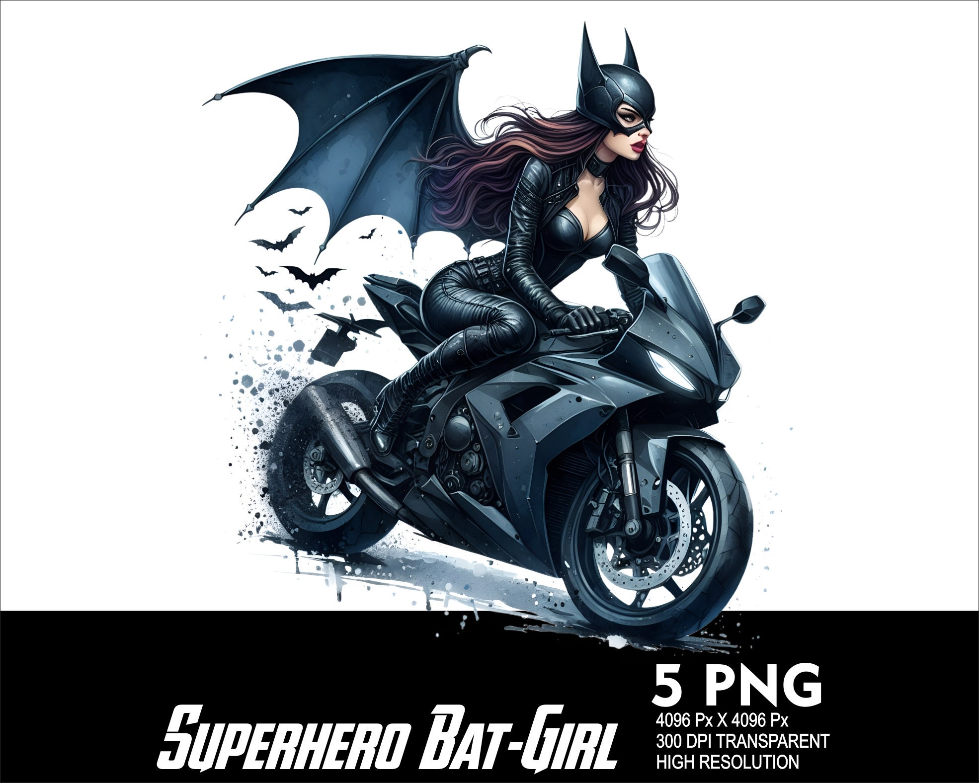 5 PNG Female Hero Bat Girl Splash and Watercolor Transparent PNG File ...
