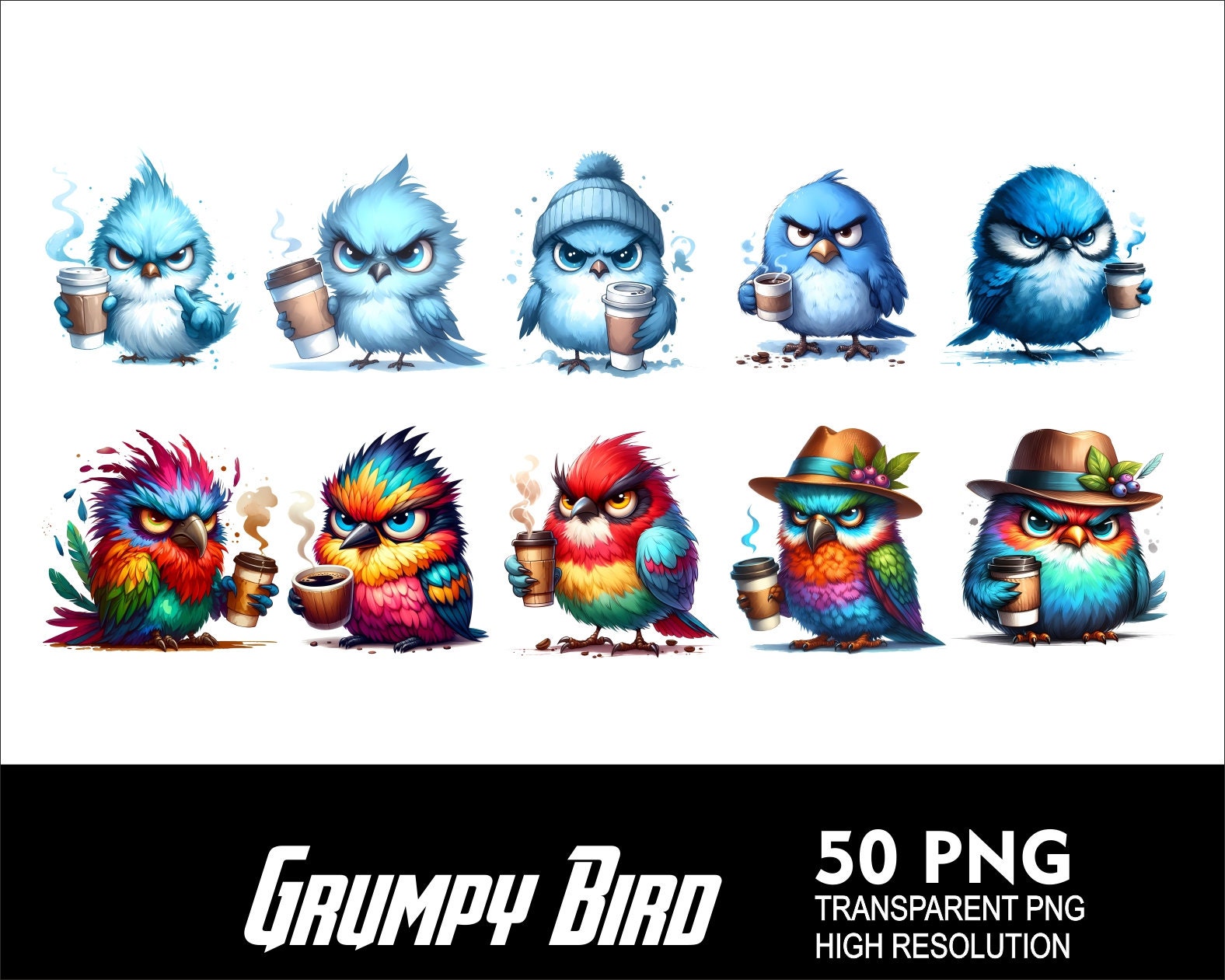 Bundle 50 PNG Grumpy Birds Cute Fluffy Birds Coffee Watercolor ...