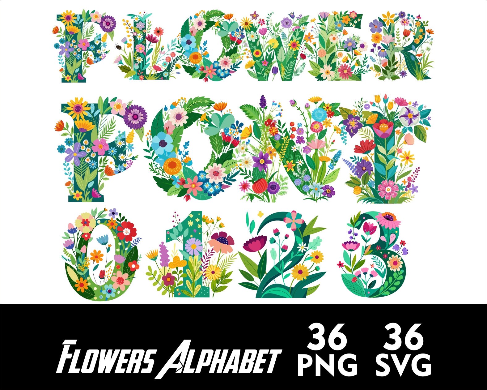 Flowers Alphabet Botanical Font PNG Letters Colored Floral Letters ...