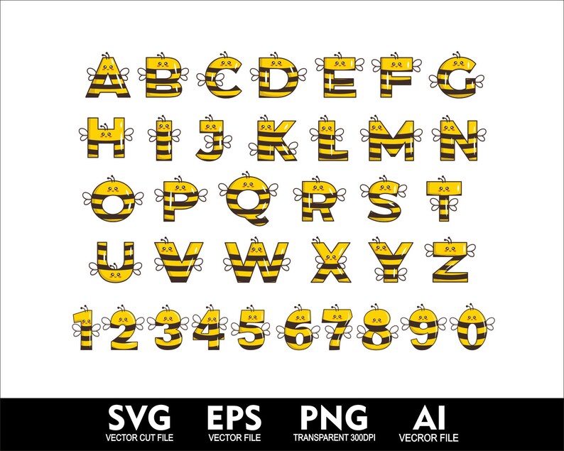 Cute Bee Alphabets and Numbers Doodle Font Bee Font Honey Bee Alphabet ...