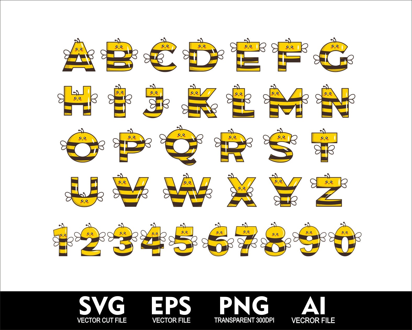 Cute Bee Alphabets and Numbers Doodle Font Bee Font Honey Bee Alphabet ...