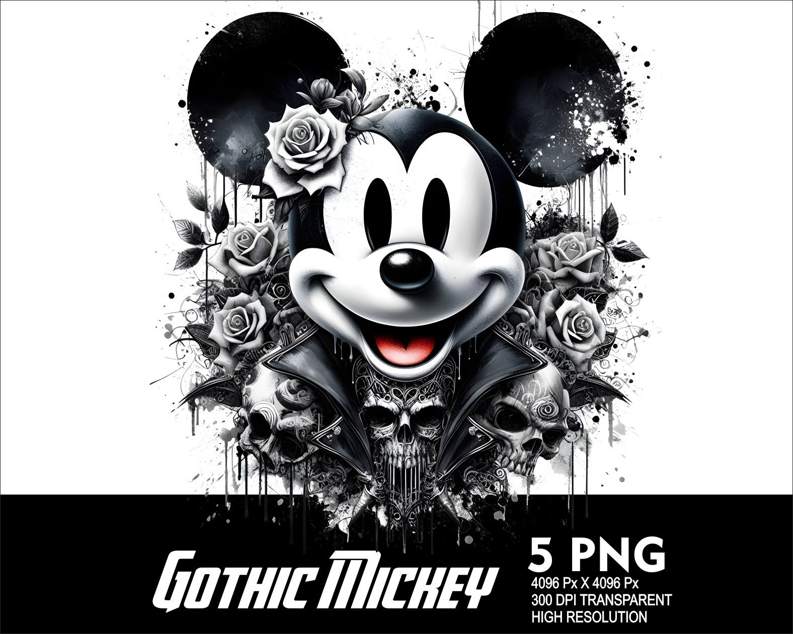 5 PNG Gothic Mickey PNG Cute Dark Mouse Design Splash and Watercolor ...