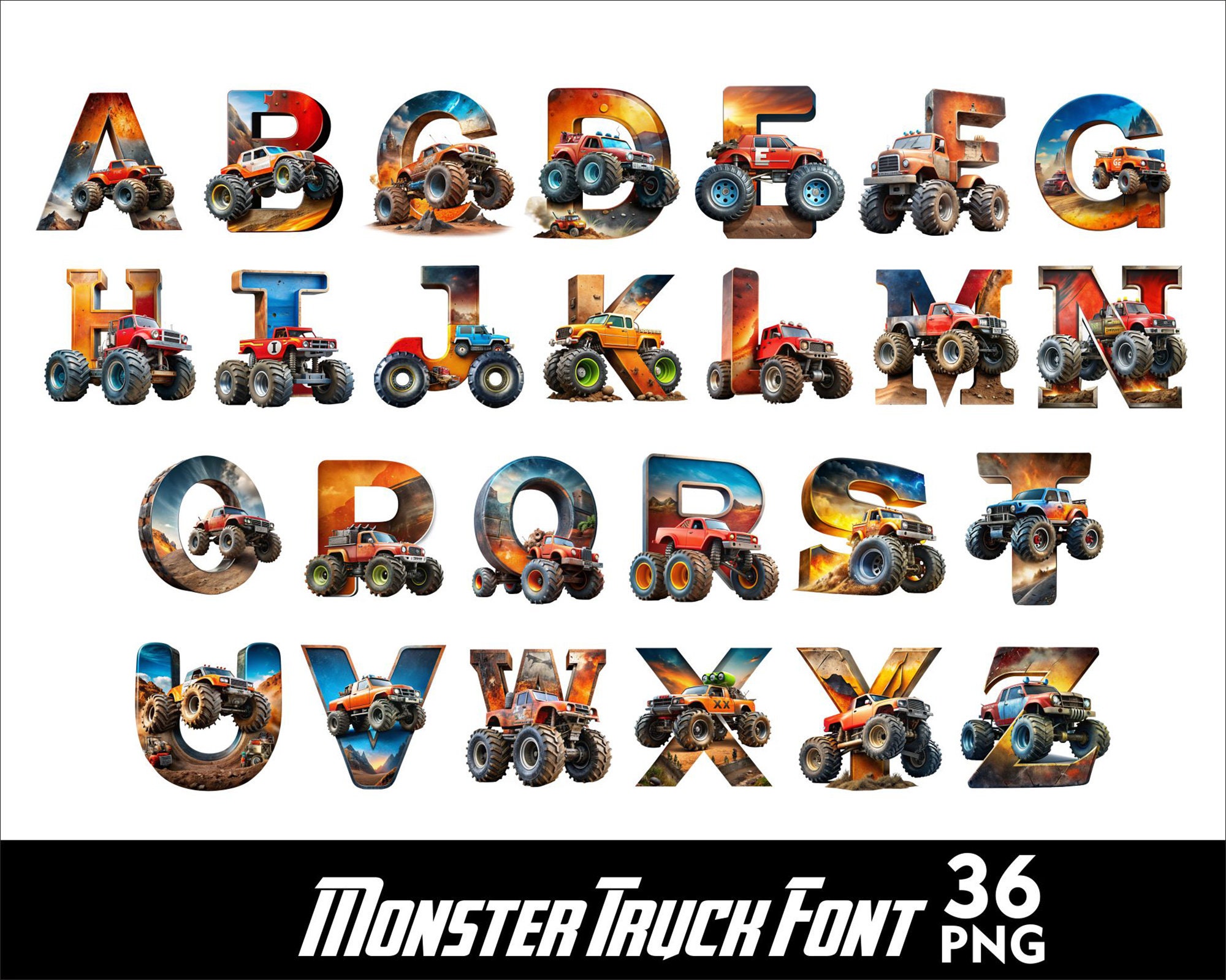 Monster Truck Alphabet Font PNG Monster Truck Letters and Numbers for ...