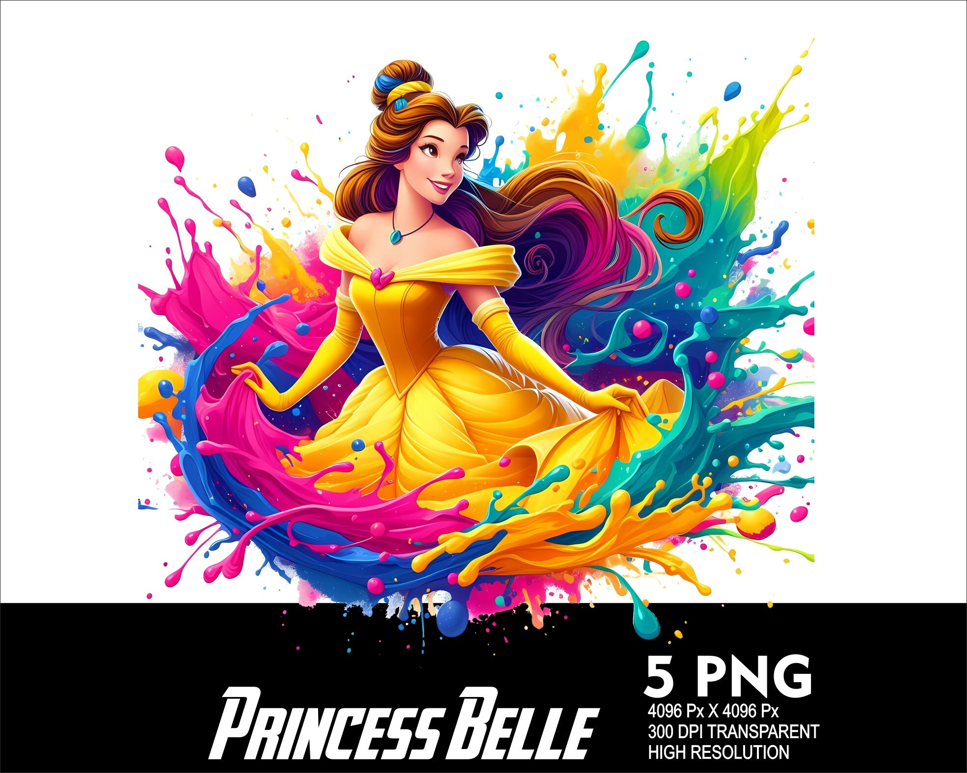 5 PNG Princess Belle Splash and Watercolor Transparent PNG File for ...