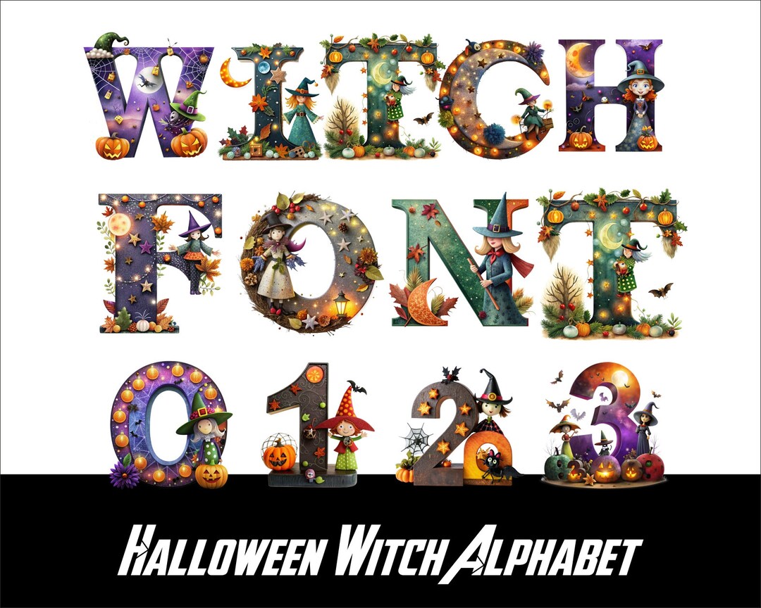 Halloween Witch Alphabet Font PNG Spooky Letters and Numbers for ...