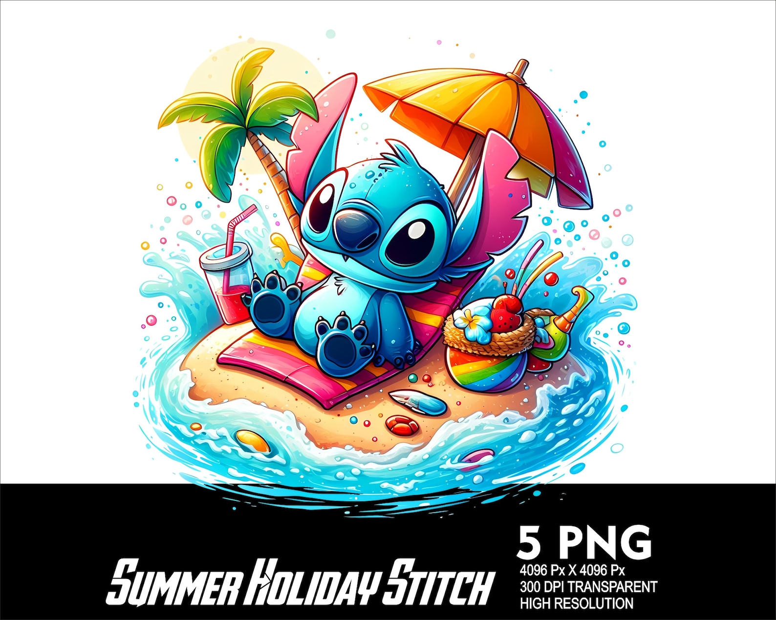 5 PNG Summer Holiday Stitch Splash and Watercolor Transparent PNG File ...
