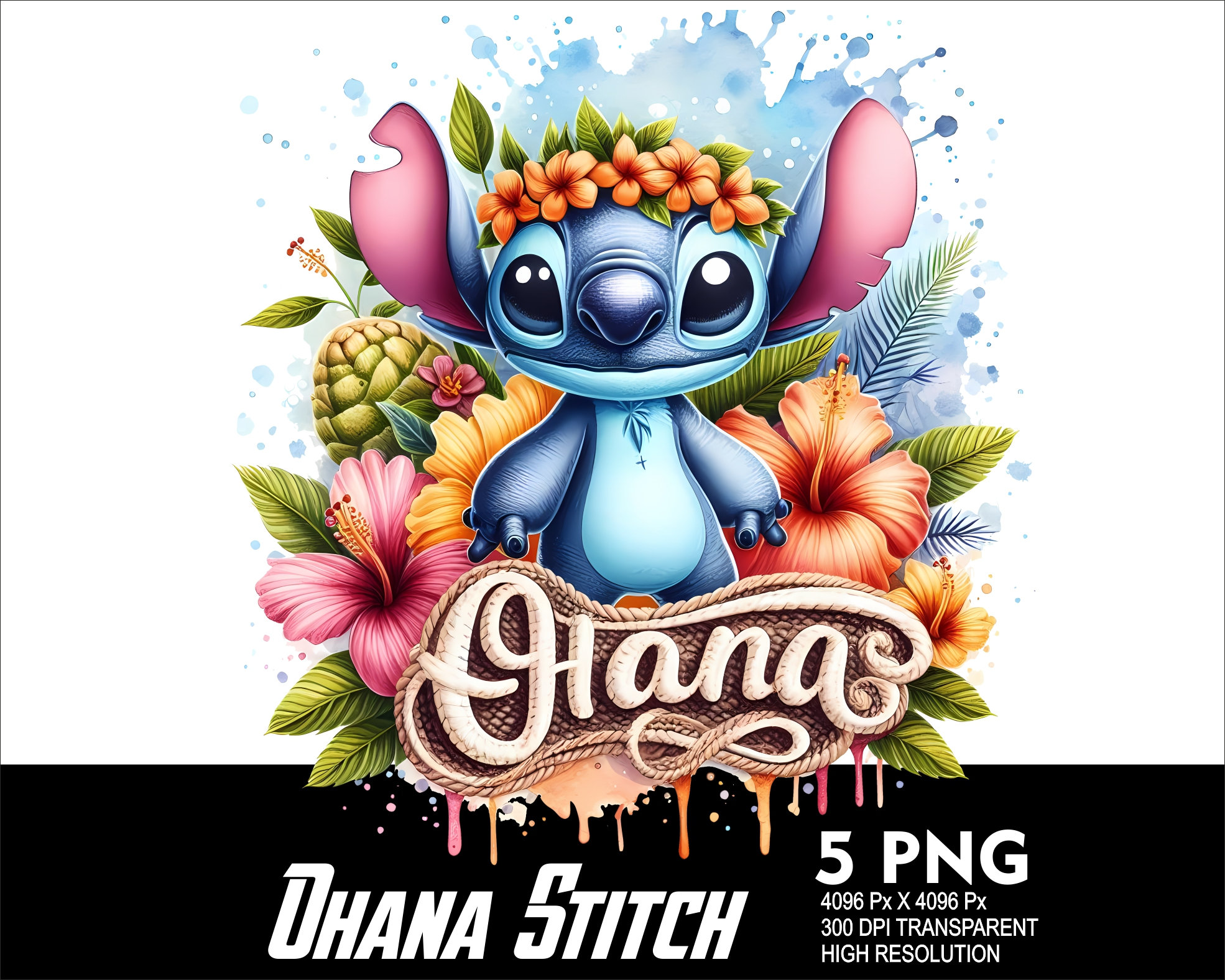 5 PNG Ohana Stitch Splash and Watercolor Transparent PNG File for ...