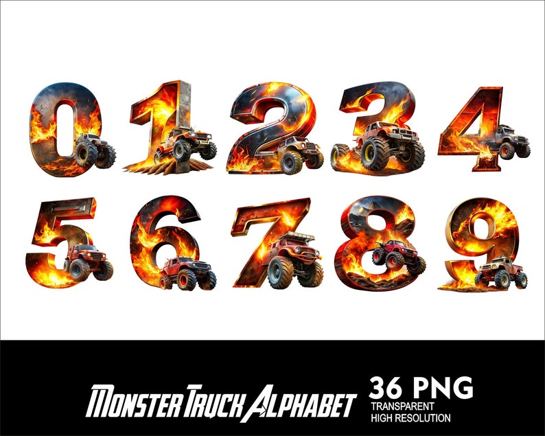Monster Truck Alphabet Font PNG Flame Monster Truck Letters and Numbers ...