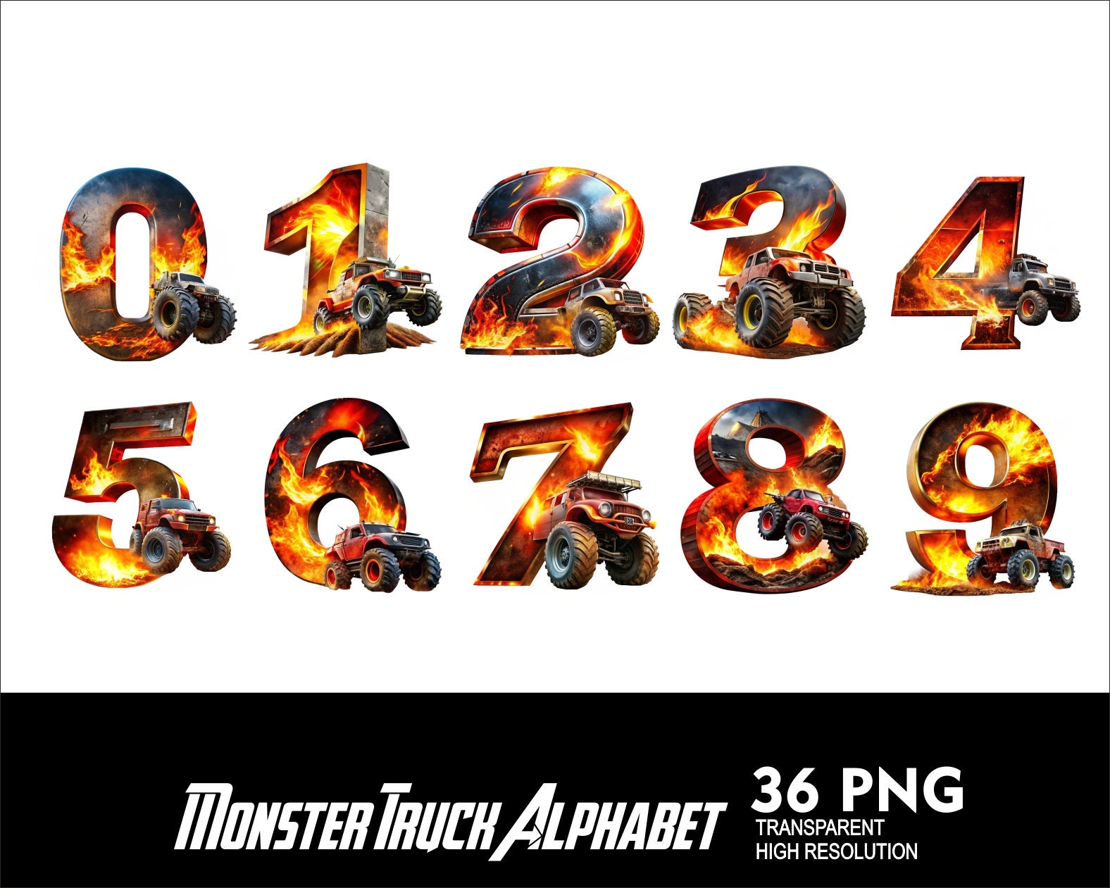 Monster Truck Alphabet Font PNG Flame Monster Truck Letters and Numbers ...