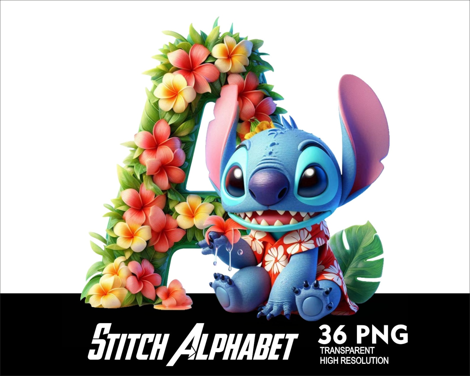 Stitch Flowers Alphabet Stitch Font PNG Hawaii Font and Numbers for ...