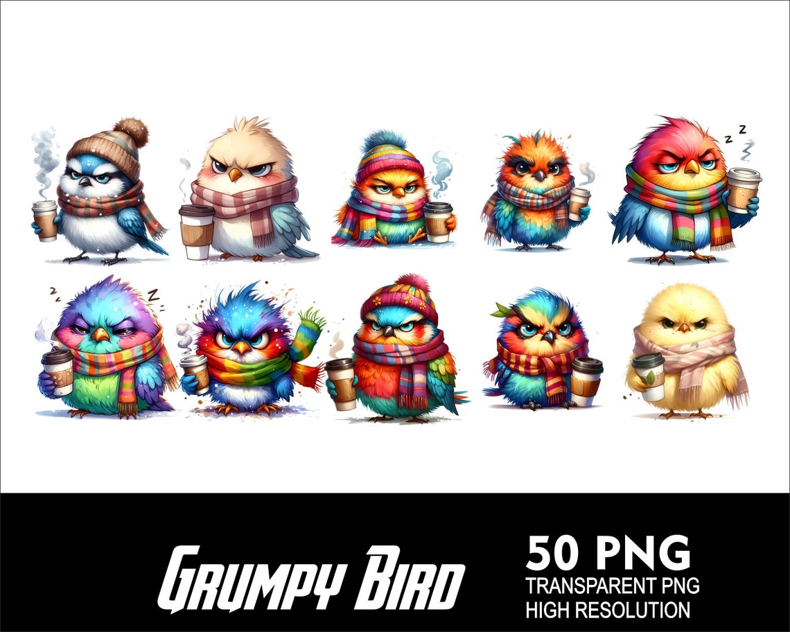 Bundle 50 PNG Grumpy Birds Cute Fluffy Birds Coffee Watercolor ...