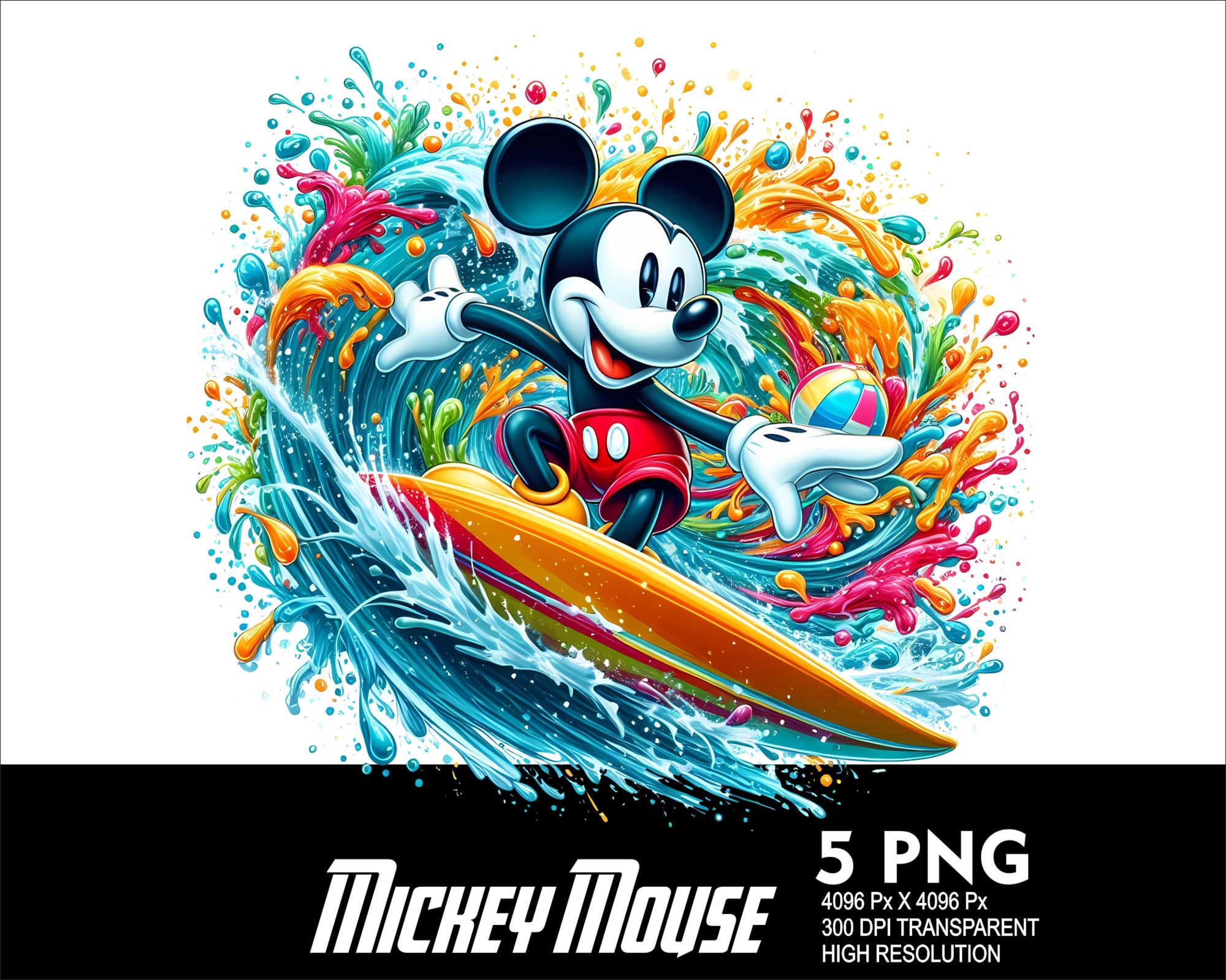 5 PNG Mickey Surfing Splash and Watercolor Transparent PNG File for ...