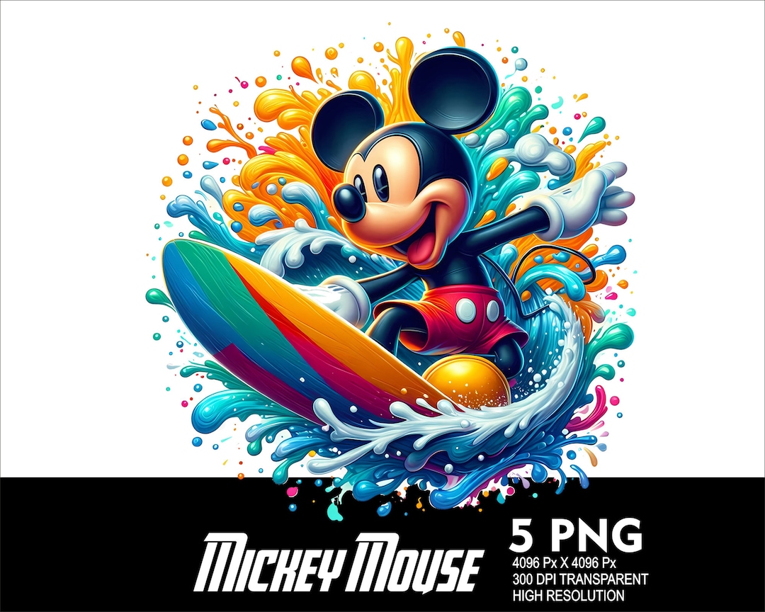 5 PNG Mickey Surfing Splash and Watercolor Transparent PNG File for ...