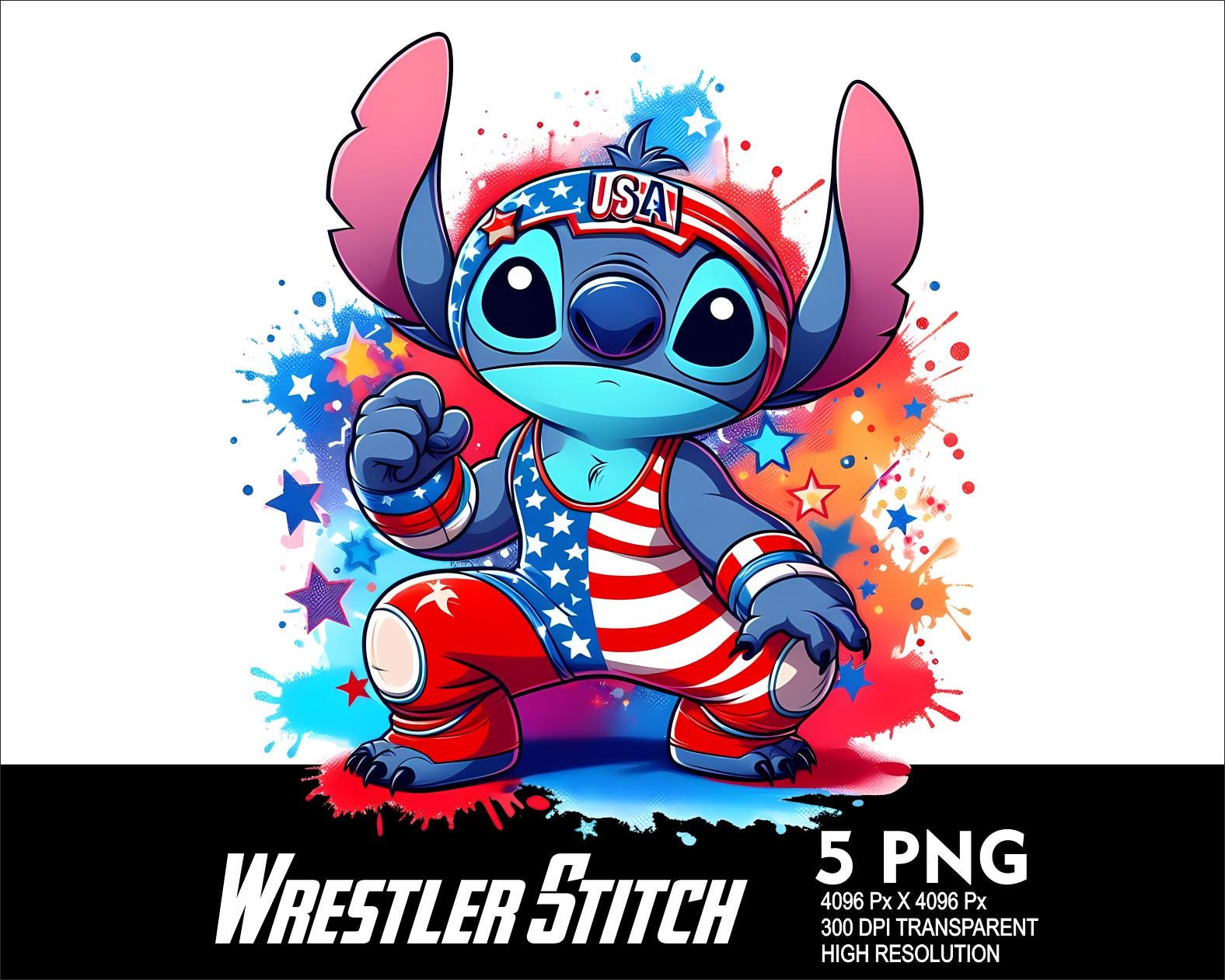 5 PNG Wrestler Stitch Splash and Watercolor Transparent PNG File for ...