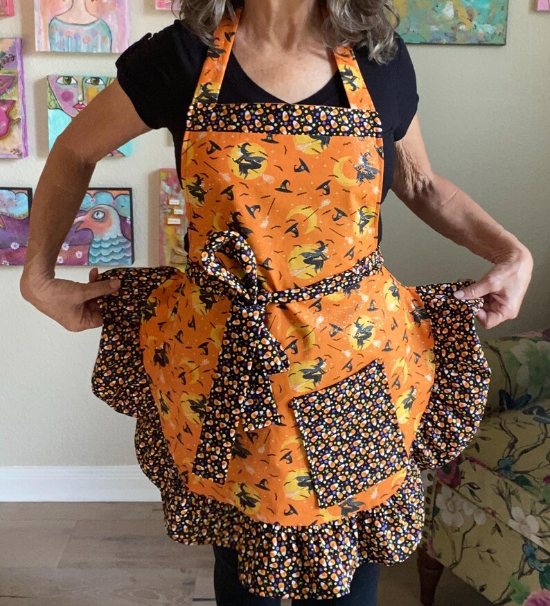 Flying Witches Halloween Full Apron for Women, Girls or Teens, Candy ...