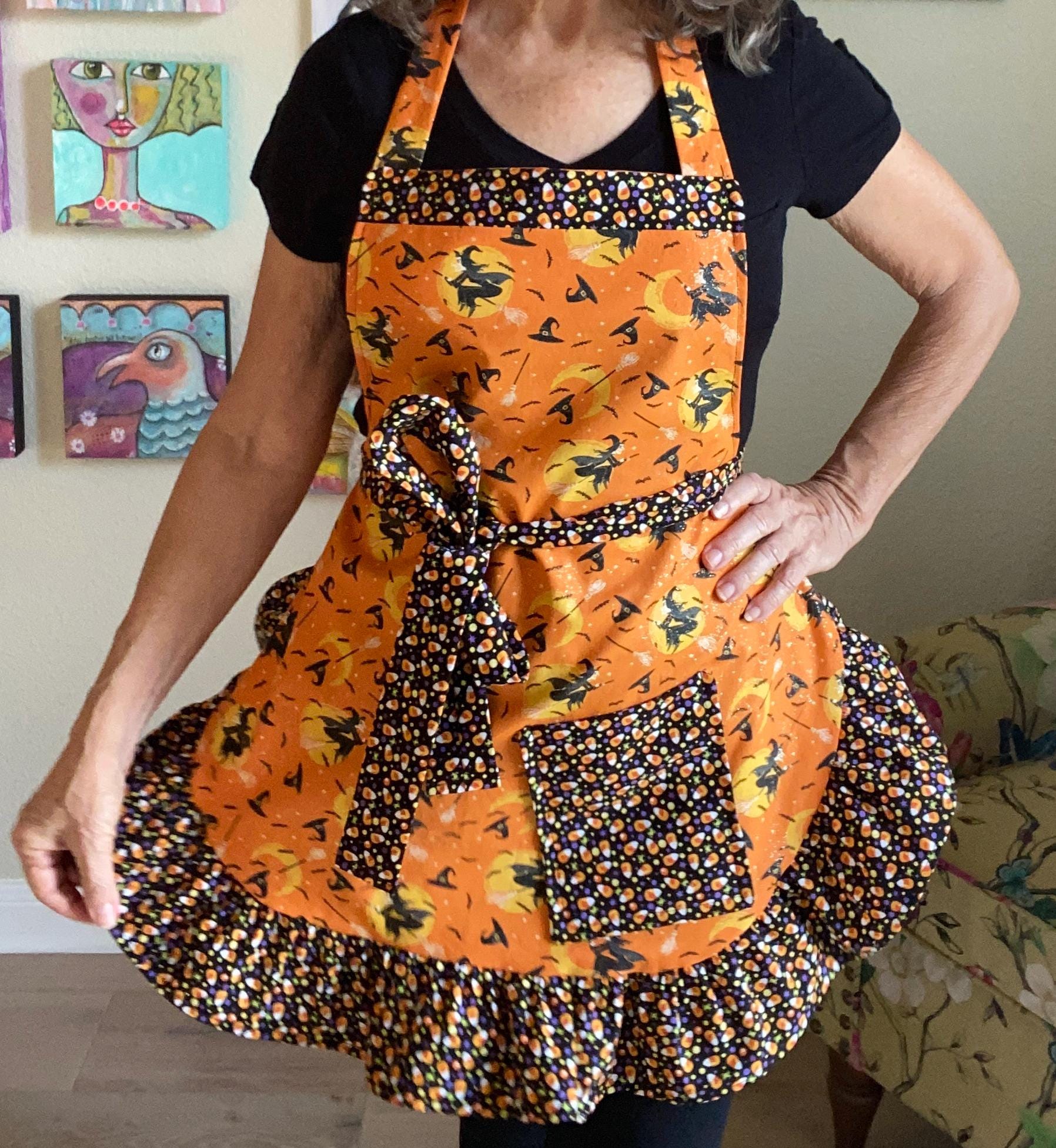 Flying Witches Halloween Full Apron for Women, Girls or Teens, Candy ...