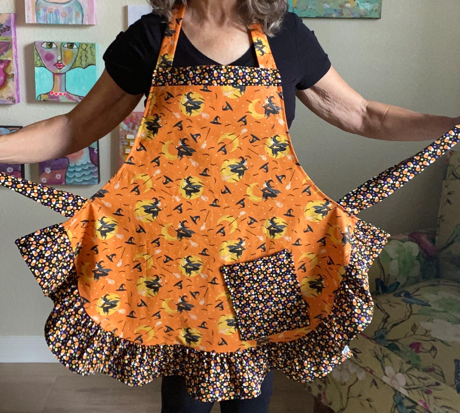 Flying Witches Halloween Full Apron for Women, Girls or Teens, Candy ...