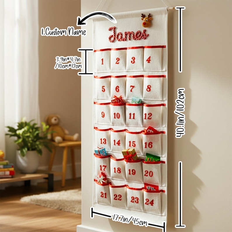 Christmas advent calendar personalized with name | 24 pocket fabric ...