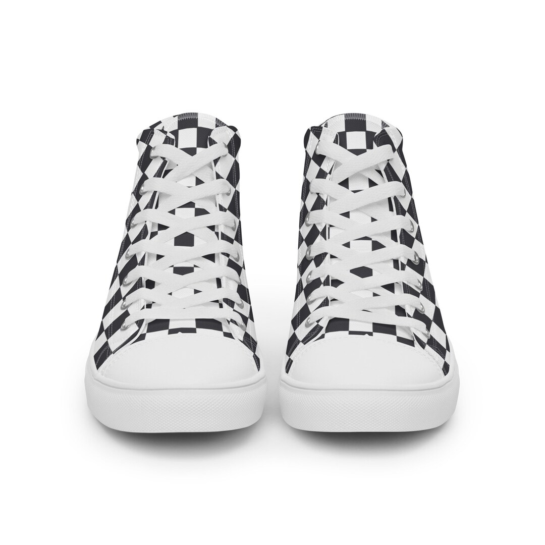 Men's Black and White Checkered Sneakers - Men’s High Top Canvas Shoes ...