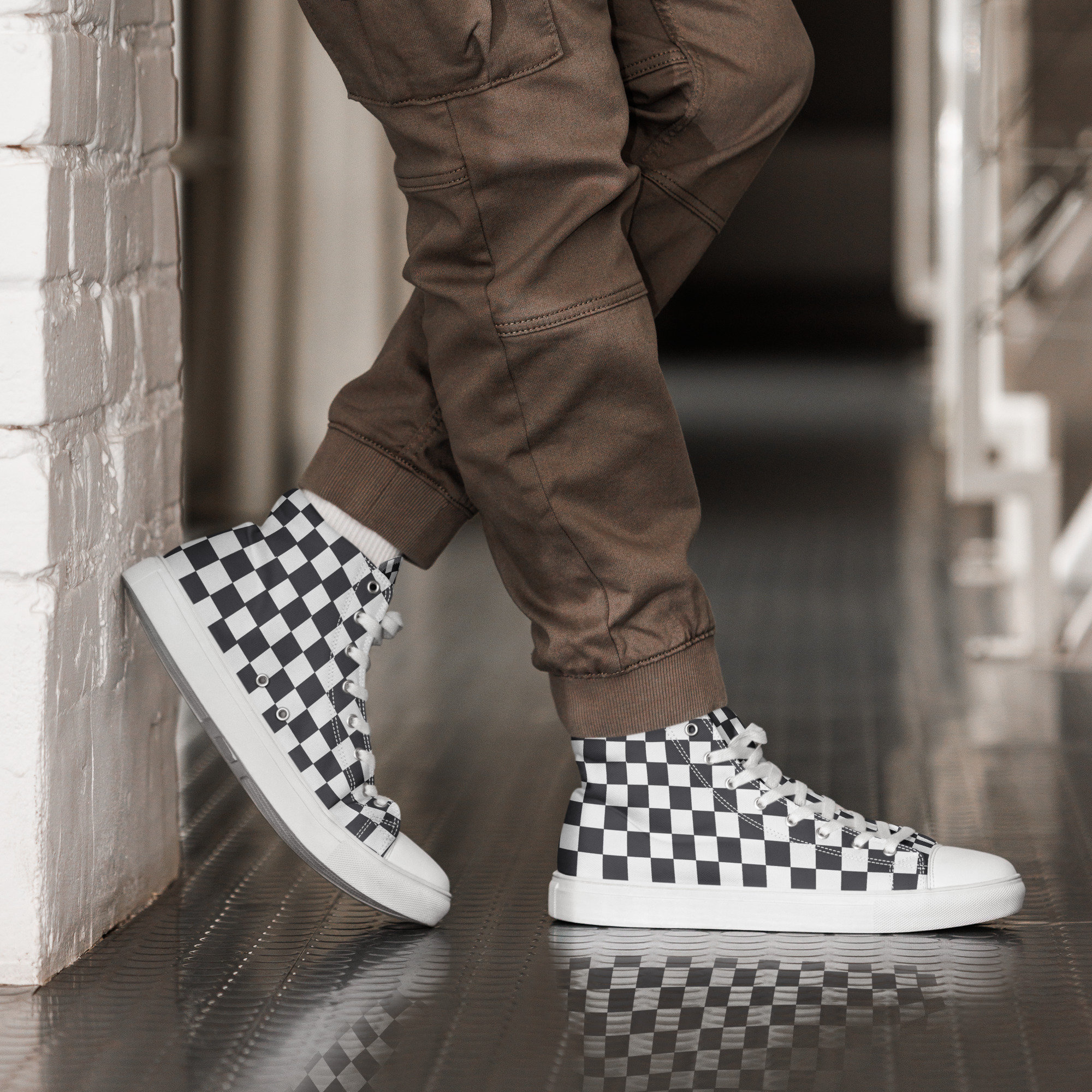 Men's Black and White Checkered Sneakers - Men’s High Top Canvas Shoes ...