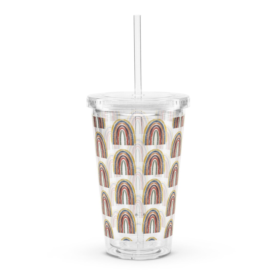 Rainbow Drawing Clear Plastic Tumbler With Straw - Rainbow Water Bottle ...