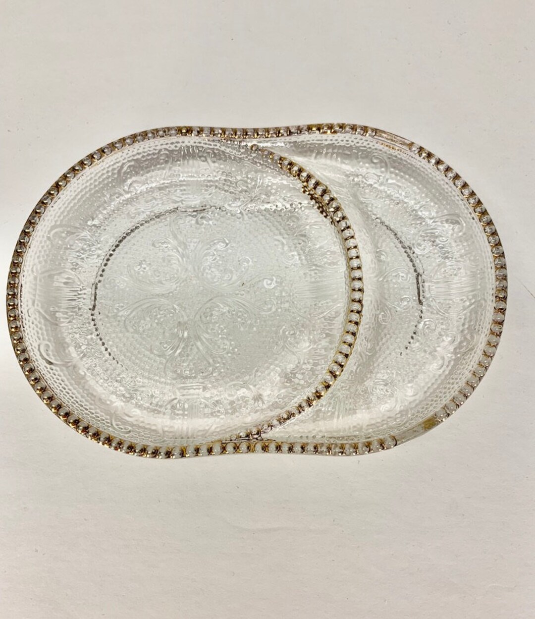 Butler Pressed Glass Dish. Floral Harp Design. Gold Beaded Trim Around ...