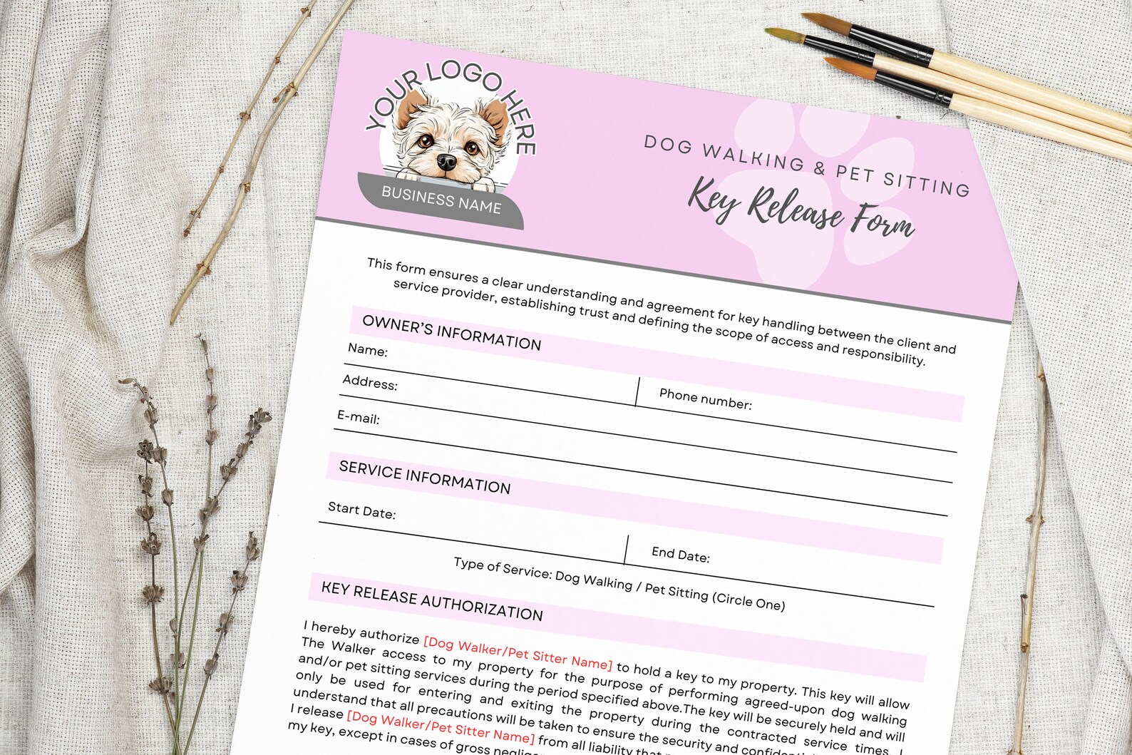 Key Release Form for Dog Walking, Pet Sitting, Dog Grooming, Training ...