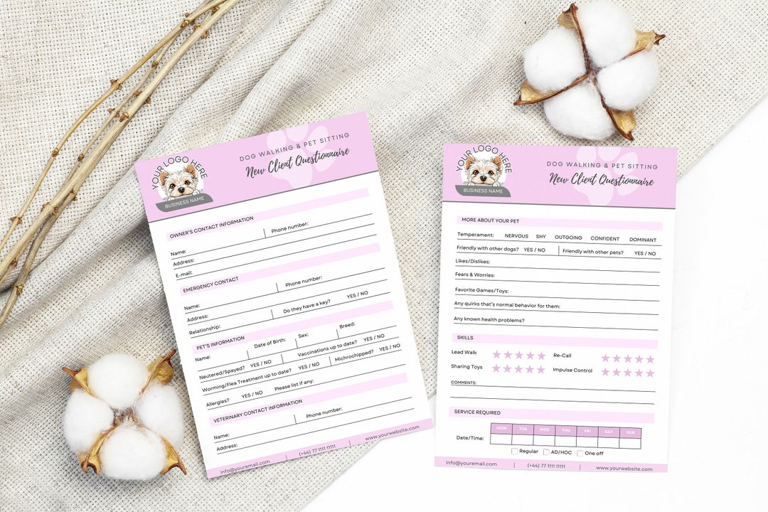 New Client Questionnaire Template for Dog Walking, Pet Care, Dog ...