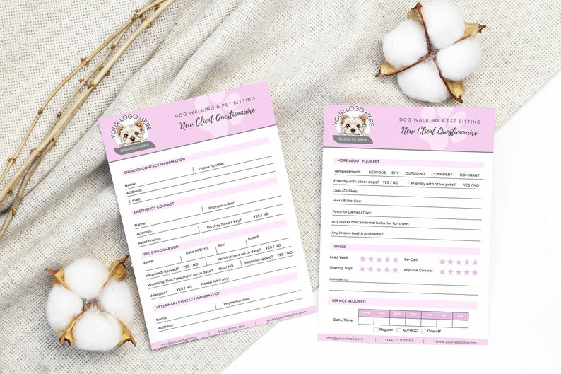 New Client Questionnaire Template for Dog Walking, Pet Care, Dog ...