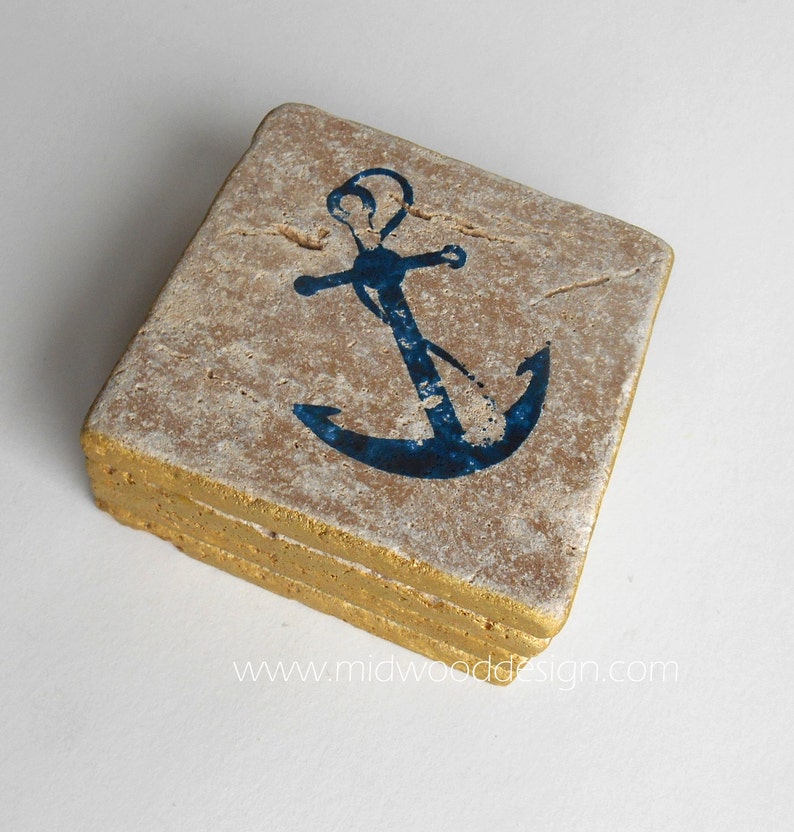 Navy Blue Anchor Nautical Stone Tile Coaster Set of 4 - Etsy