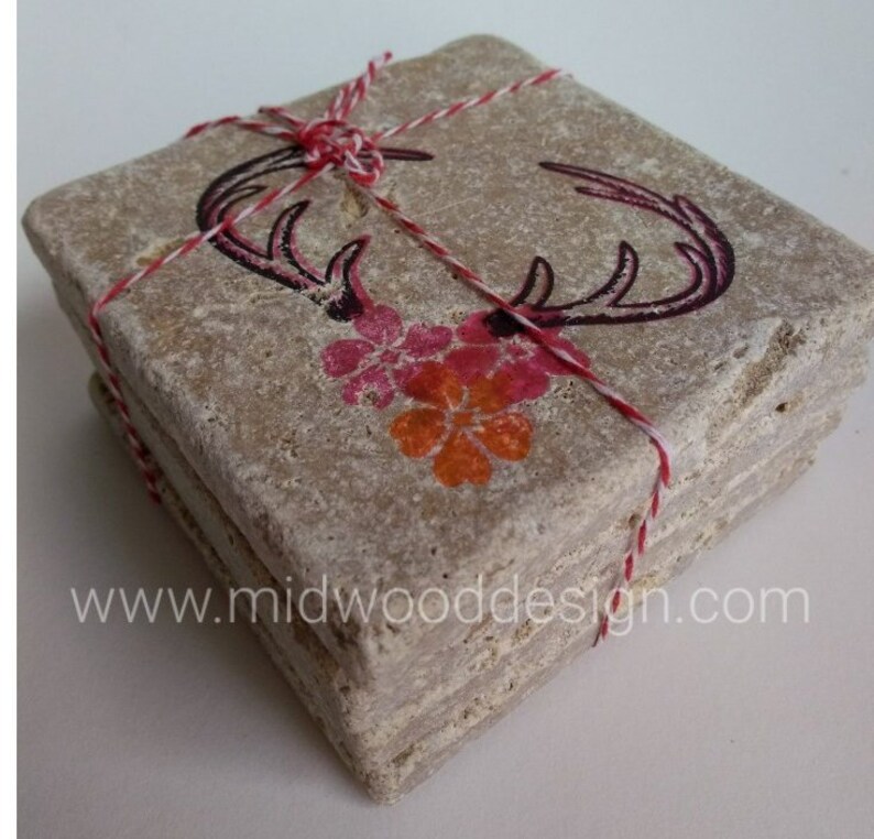 Antler and Flower Design Stone Tile Coasters Set of 4 - Etsy