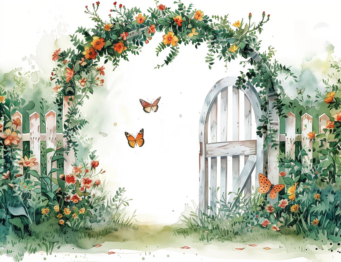 Watercolour, White Background, Clipart of an Open Garden Gate ...