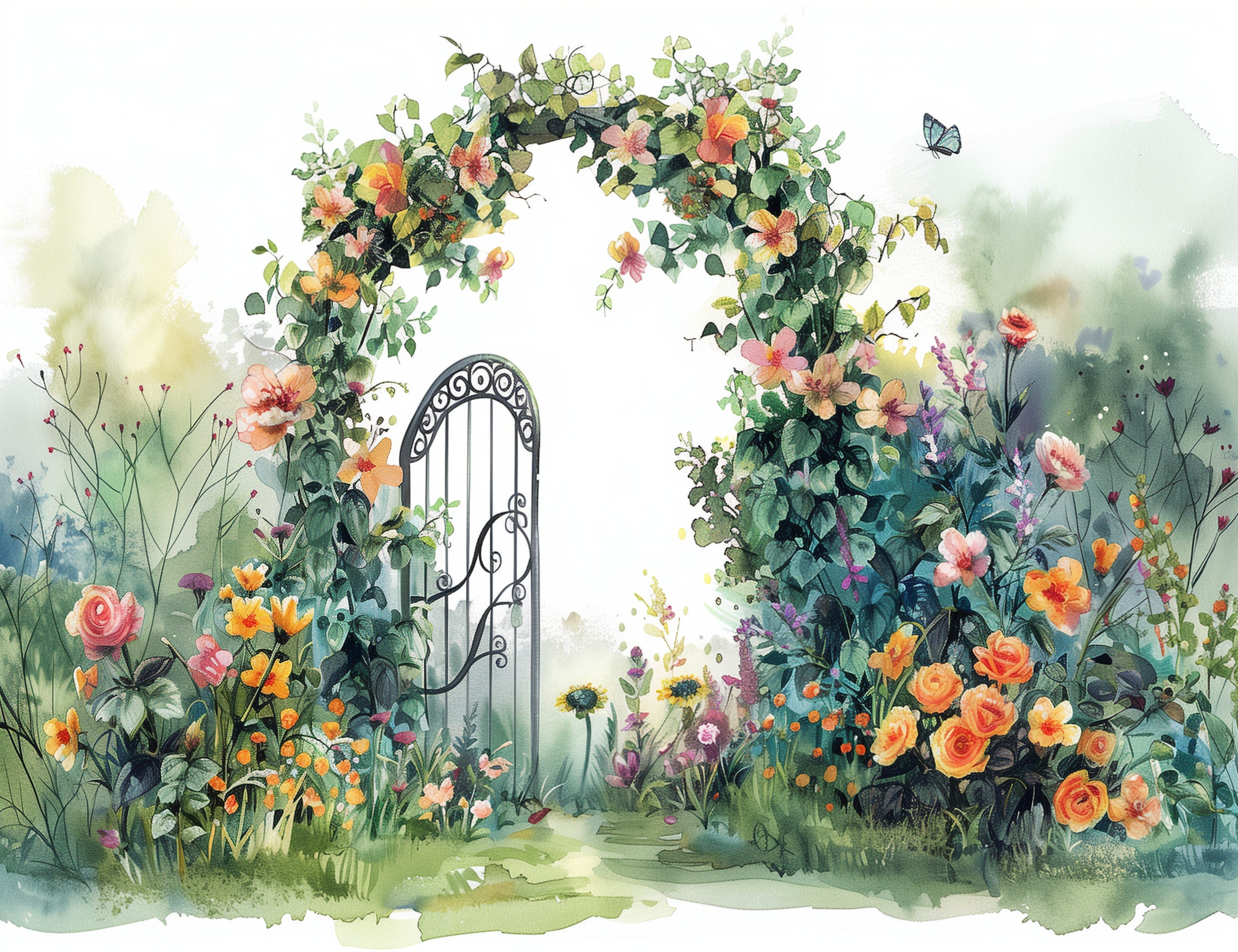 Watercolour, White Background, Clipart of an Open Garden Gate ...