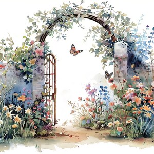 Watercolour, White Background, Clipart of an Open Garden Gate ...