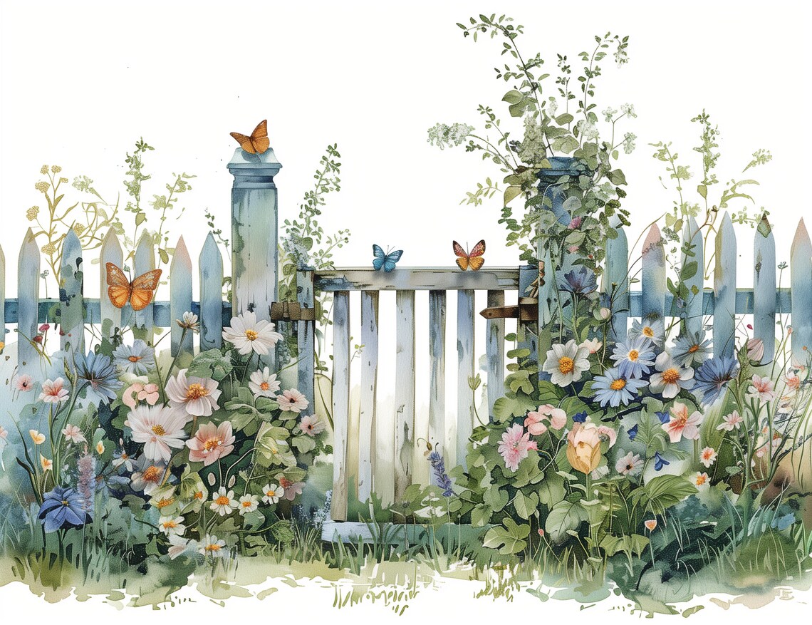 Watercolour, White Background, Clipart of an Open Garden Gate ...