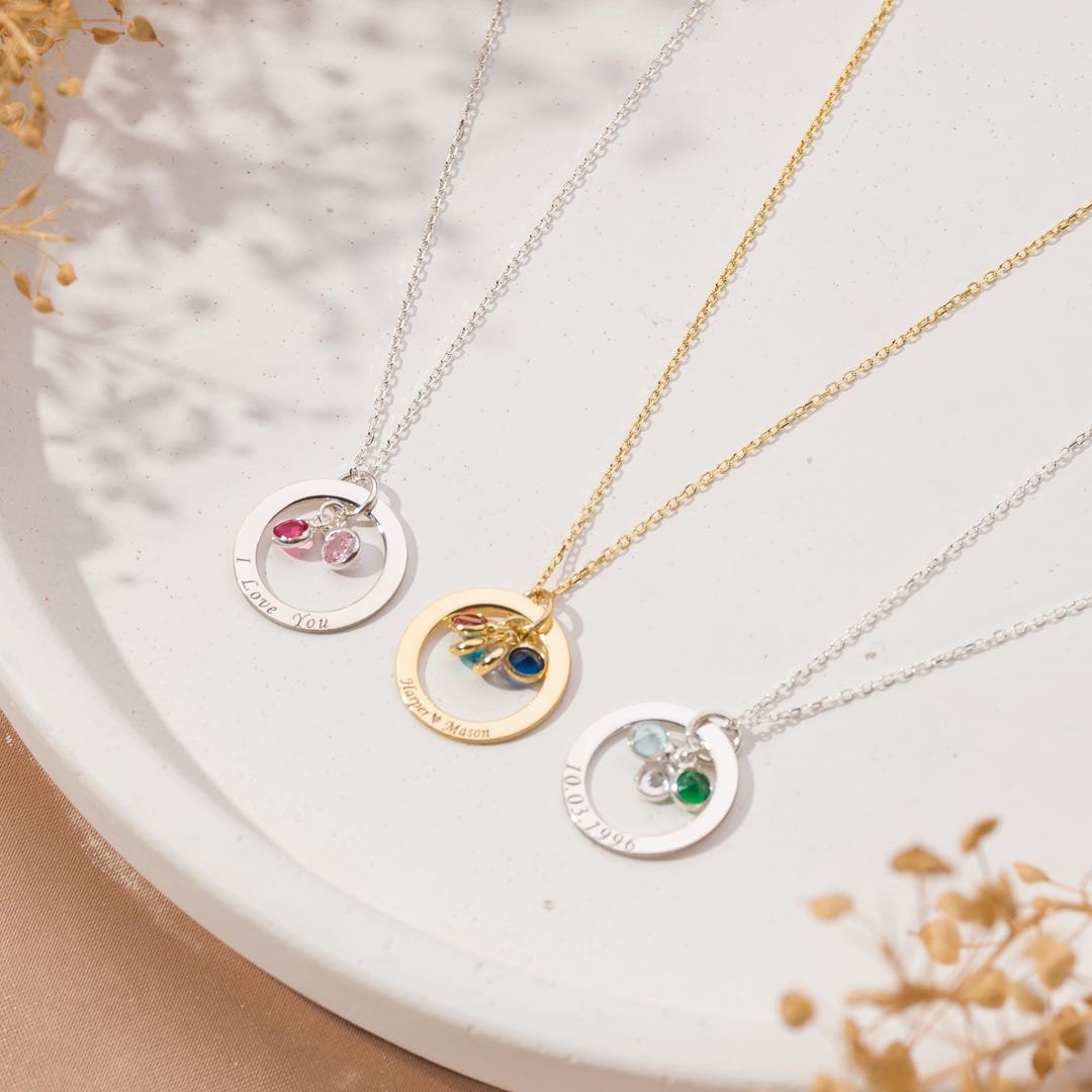 Personalized Circle Necklace With Birthstone 925 Silver Necklace ...