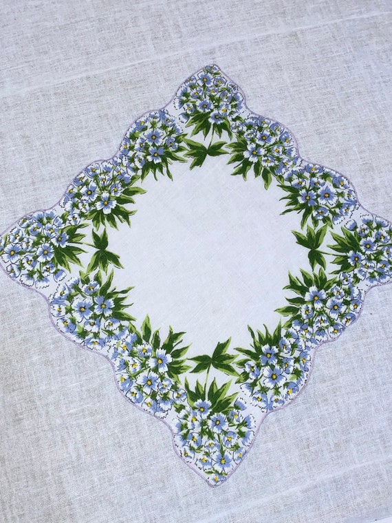 Vintage White Hanky with Blue Flowers - Hankie Handke… - Gem