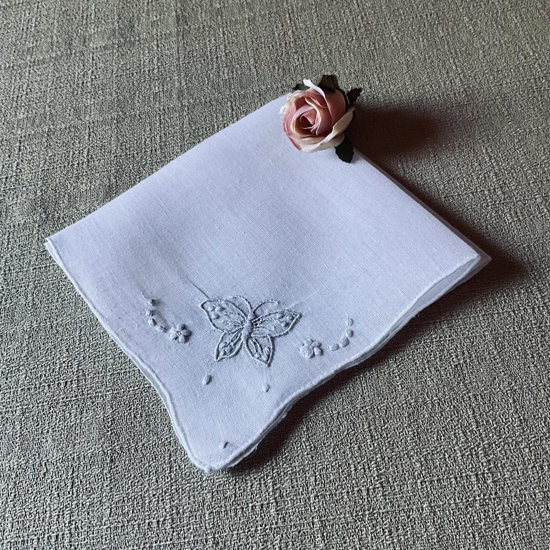 Vintage White Hanky With an Embroidered Butterfly in Each Corner Hankie ...