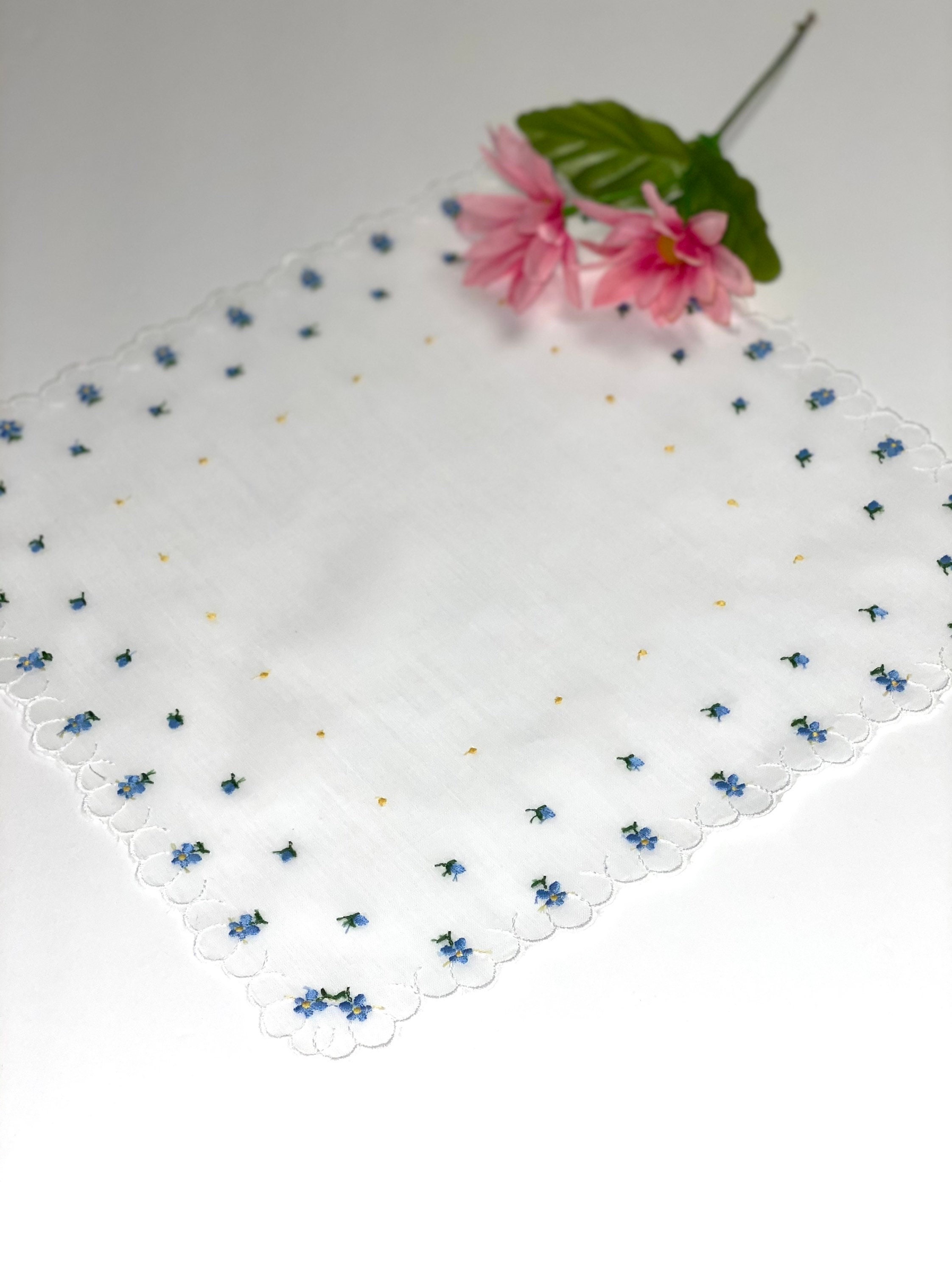 Vintage White Hanky With Embroidered Blue Flowers Hankie Handkerchief ...
