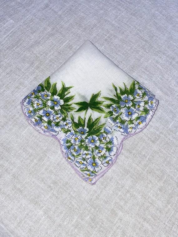 Vintage White Hanky with Blue Flowers - Hankie Handke… - Gem