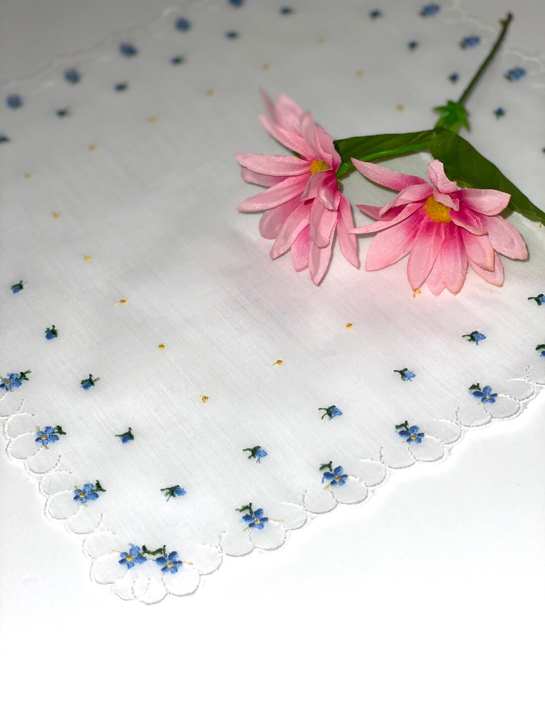 Vintage White Hanky With Embroidered Blue Flowers Hankie Handkerchief ...