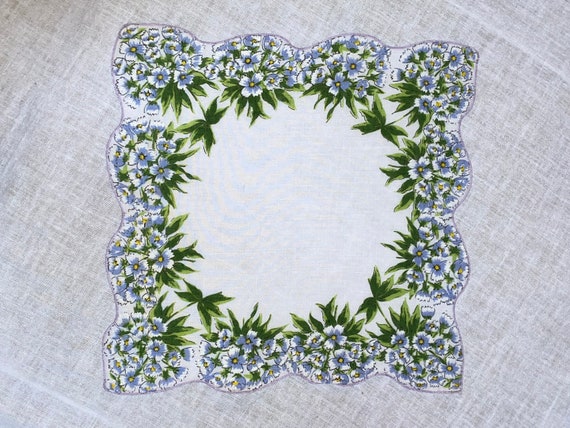 Vintage White Hanky with Blue Flowers - Hankie Handke… - Gem