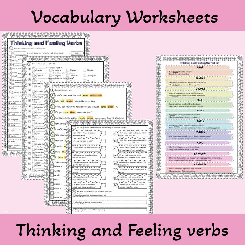 Vocabulary Worksheets: Thinking and Feeling Verbs - Etsy