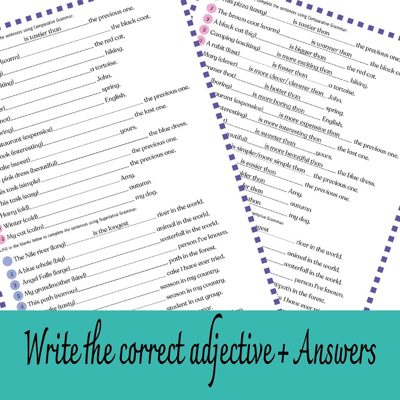 Practice Worksheets: Comparative and Superlative Adjectives - Etsy