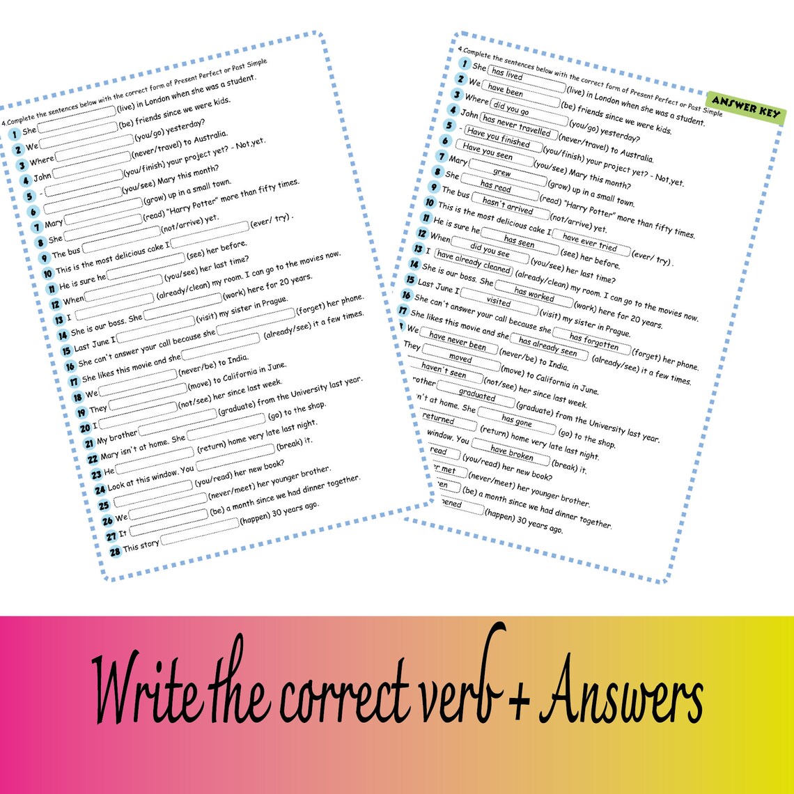 Practice Worksheets, Grammar: Present Perfect and Past Simple - Etsy
