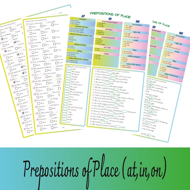 Practice Worksheets: Prepositions of Place (at,in,on) - Etsy