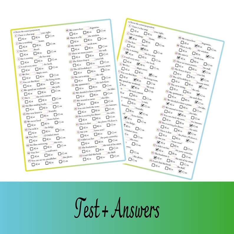 Practice Worksheets: Prepositions of Place (at,in,on) - Etsy