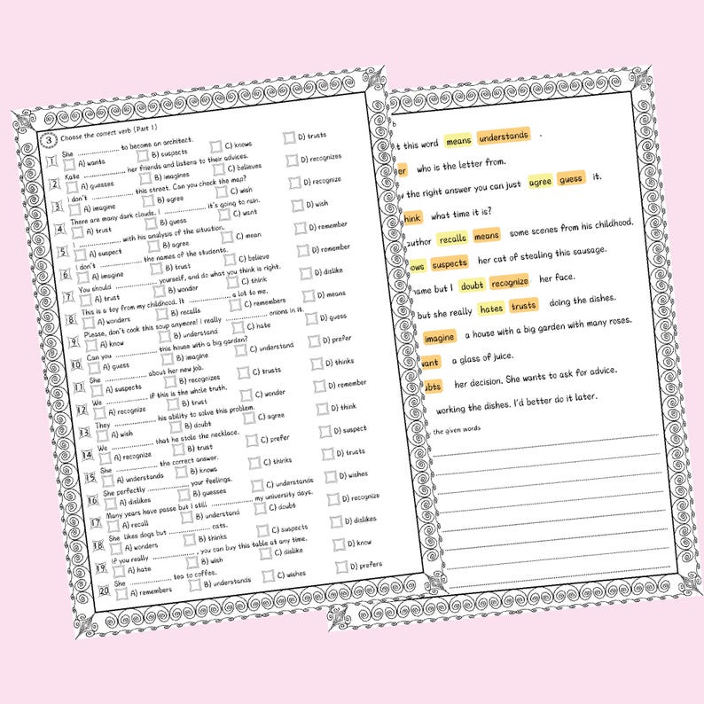 Vocabulary Worksheets: Thinking and Feeling Verbs - Etsy